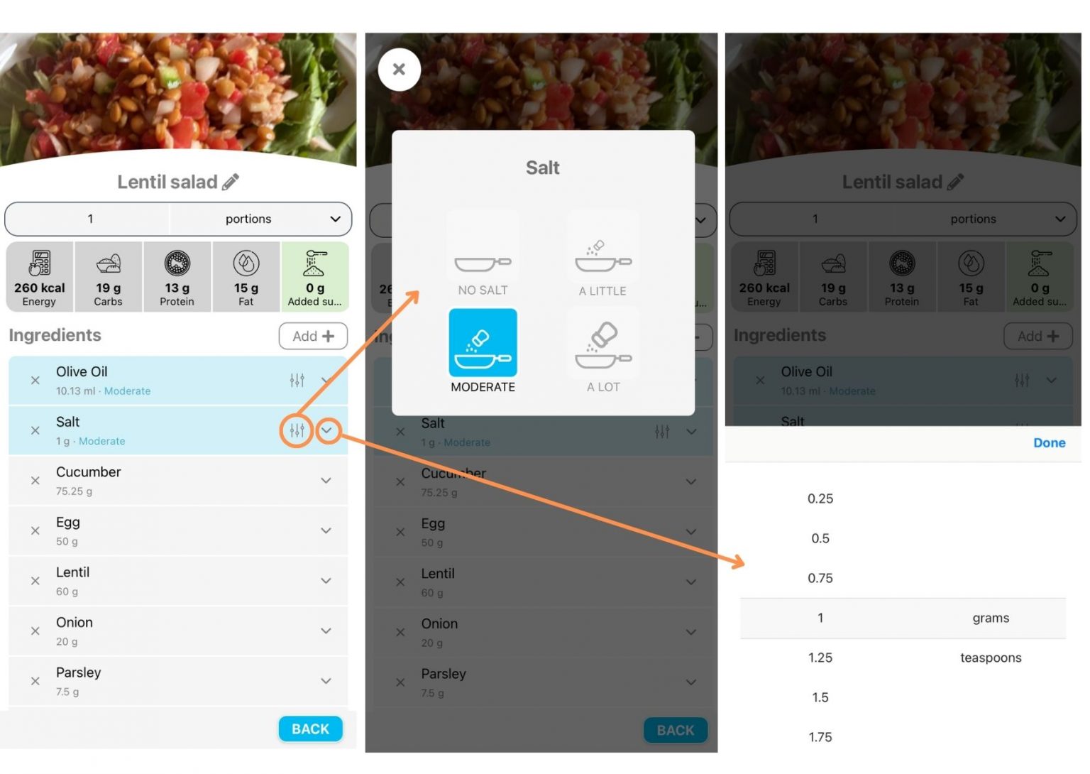 Easy way to modulate salt, sugar and oil when doing a food log